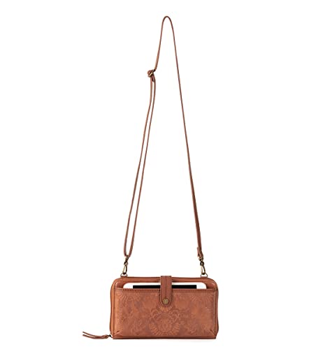 The Sak Iris Large Smartphone Crossbody Bag in Leather, Detachable Wristlet Strap, Tobacco Floral Embossed II