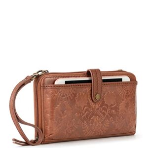 The Sak Iris Large Smartphone Crossbody Bag in Leather, Detachable Wristlet Strap, Tobacco Floral Embossed II