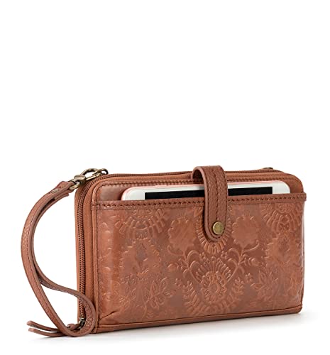 The Sak Iris Large Smartphone Crossbody Bag in Leather, Detachable Wristlet Strap, Tobacco Floral Embossed II