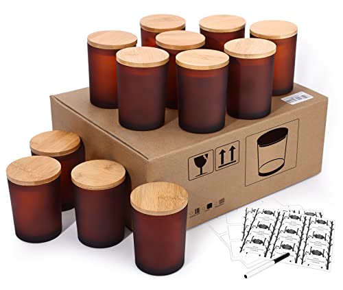 Aminigram 12 Pack, 10 oz Frosted Amber Candle Jars with Bamboo Lids and Sticky Labels, Empty Glass Candle Jars for Making Candles, Morden Kitchen Bathroom Small Things Container - Dishwash Safe