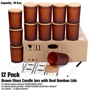 Aminigram 12 Pack, 10 oz Frosted Amber Candle Jars with Bamboo Lids and Sticky Labels, Empty Glass Candle Jars for Making Candles, Morden Kitchen Bathroom Small Things Container - Dishwash Safe