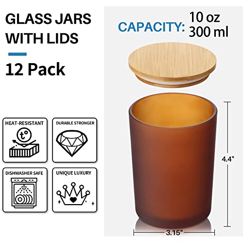 Aminigram 12 Pack, 10 oz Frosted Amber Candle Jars with Bamboo Lids and Sticky Labels, Empty Glass Candle Jars for Making Candles, Morden Kitchen Bathroom Small Things Container - Dishwash Safe