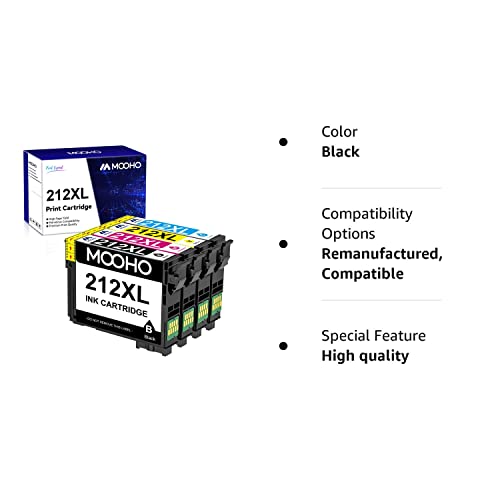 MOOHO Remanufactured Replacement for EPSON 212 Ink Cartridges 212XL 212 XL T212XL T212 Ink for Workforce WF-2850 WF-2830 Expression Home XP-4100 XP-4105 Printer Ink (Black,Cyan,Magenta,Yellow, 4 Pack)