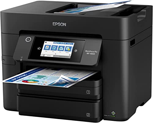 Epson Workforce Pro WF-4833 Wireless All-in-One Color Inkjet Printer, Black - Print Scan Copy Fax - 4.3" LCD, 25 ppm, 4800 x 2400 dpi, Auto 2-Sided Printing, 50-sheet ADF, 500-Sheet Capacity, Ethernet