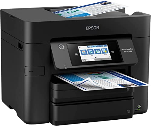 Epson Workforce Pro WF-4833 Wireless All-in-One Color Inkjet Printer, Black - Print Scan Copy Fax - 4.3" LCD, 25 ppm, 4800 x 2400 dpi, Auto 2-Sided Printing, 50-sheet ADF, 500-Sheet Capacity, Ethernet