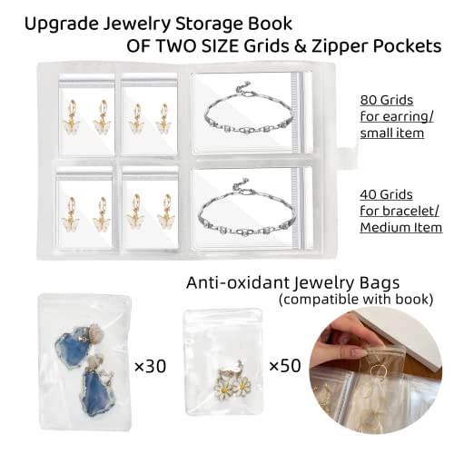 KIKILIE Travel Jewelry Organizer - Multifunctional Storage Book, Transparent Earring Necklace Bracelet Holder, 120 Grids with 80 Pack Two Sizes Plastic Bags