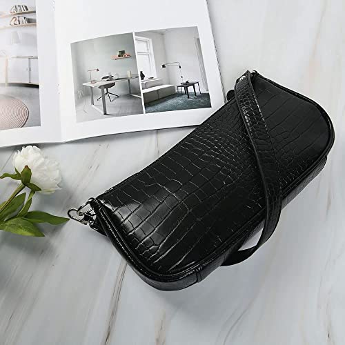 Retro Classic Clutch Bag for Women, Crocodile Leather Underarm Bag Small Purse with Ribbon, Zipper Closure, #1 Black