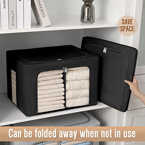 2Pack Storage Bins with Divided Interior - Frame Storage Box Oxford Fabric Clothes Storage Bags Large Capacity Stackable Foldable Container Organizer Set with Clear Window (Large-66L, Black)