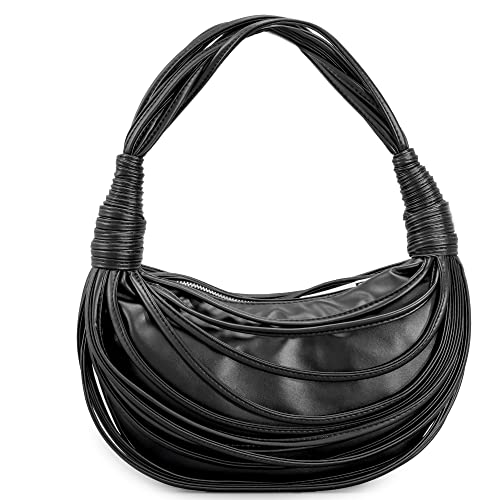 Rejolly Underarm Bag for Women PU Leather Noodles Knoted Ruched Hobo Shoulder Handbag Fashion Purse Black