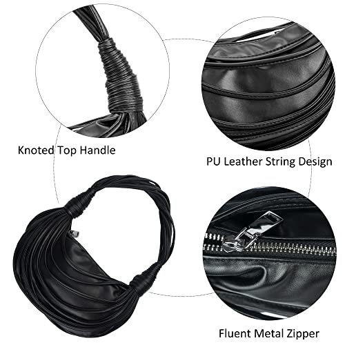 Rejolly Underarm Bag for Women PU Leather Noodles Knoted Ruched Hobo Shoulder Handbag Fashion Purse Black