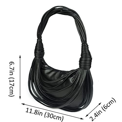 Rejolly Underarm Bag for Women PU Leather Noodles Knoted Ruched Hobo Shoulder Handbag Fashion Purse Black