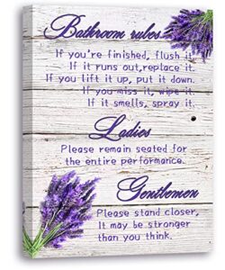 ladies and gentlemen bathroom rules canvas wall decor, lavender purple theme bathroom decor wall art,farmhouse toilet wall decor,rustic bathroom funny rules prints signs framed 12″x15″