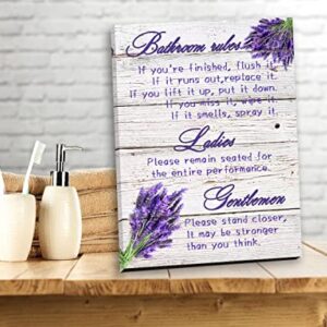 Ladies and gentlemen Bathroom Rules canvas Wall Decor, Lavender purple theme Bathroom Decor Wall Art,Farmhouse Toilet Wall Decor,Rustic Bathroom Funny Rules Prints Signs Framed 12"x15"