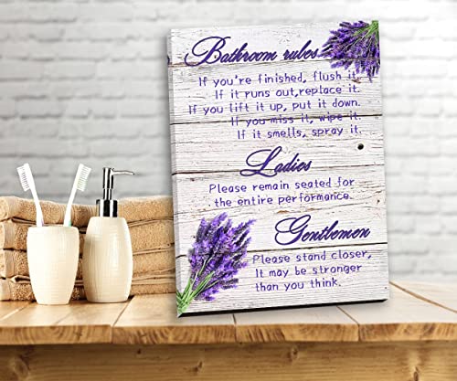 Ladies and gentlemen Bathroom Rules canvas Wall Decor, Lavender purple theme Bathroom Decor Wall Art,Farmhouse Toilet Wall Decor,Rustic Bathroom Funny Rules Prints Signs Framed 12"x15"