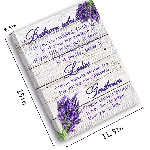 Ladies and gentlemen Bathroom Rules canvas Wall Decor, Lavender purple theme Bathroom Decor Wall Art,Farmhouse Toilet Wall Decor,Rustic Bathroom Funny Rules Prints Signs Framed 12"x15"