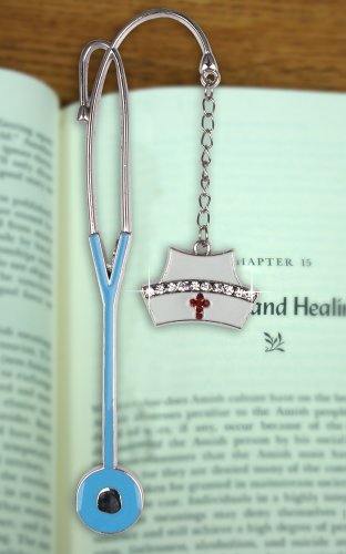 Nurse Bookmark - Enameled Stethoscope with Jeweled and Enameled Hat Charm - Nurses Day Gift - Nurse Appreciation