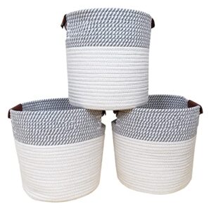 cotton rope storage baskets set of 3， woven baskets for storage, decorative rope basket with handles for organizing toy, towel，stylish&durable woven cotton storage basket containers，size: 11′ x 10.5′ inches (gray&white)