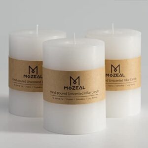 mozeal 3″ x 4″ hand-poured unscented candle,dripless pillar candle set of 3,long clean burning,approx 72 hours burn time,rustic country style,wedding,dinner,christmas and home decor,white