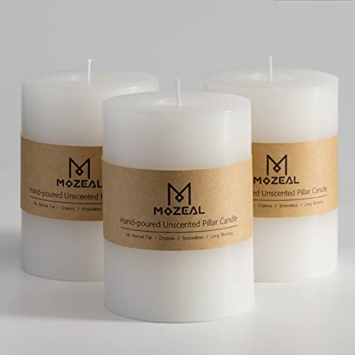 MOZEAL 3" x 4" Hand-Poured Unscented Candle,Dripless Pillar Candle Set of 3,Long Clean Burning,Approx 72 Hours Burn Time,Rustic Country Style,Wedding,Dinner,Christmas and Home Decor,White