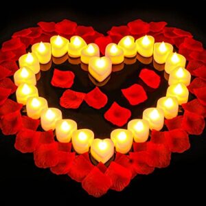 48 pieces heart led candles love led tealight candles flameless romantic with 2000 packs artificial rose petals for romantic night valentine’s day anniversary decorations