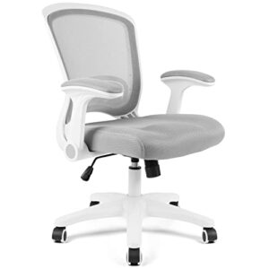 HYLONE Office Chair, White Computer Desk Chair, Mid-Back Task Chair Swivel, Flip-up Arms, Lumbar Support, Adjustable Height, Grey Mesh