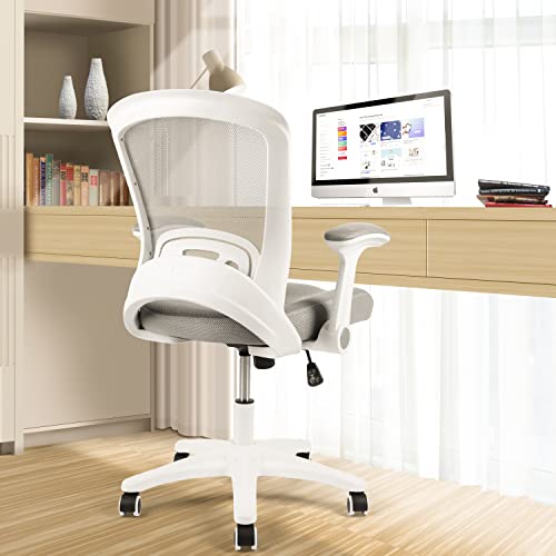 HYLONE Office Chair, White Computer Desk Chair, Mid-Back Task Chair Swivel, Flip-up Arms, Lumbar Support, Adjustable Height, Grey Mesh