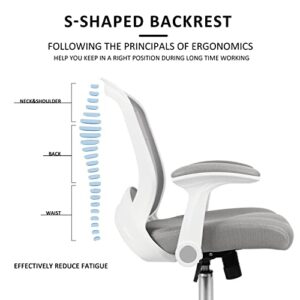 HYLONE Office Chair, White Computer Desk Chair, Mid-Back Task Chair Swivel, Flip-up Arms, Lumbar Support, Adjustable Height, Grey Mesh