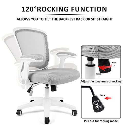 HYLONE Office Chair, White Computer Desk Chair, Mid-Back Task Chair Swivel, Flip-up Arms, Lumbar Support, Adjustable Height, Grey Mesh