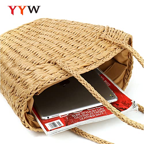 YYW Women Straw Shoulder Bag Summer Beach Handwoven Straw Handbag Vintage Holiday Purse Bag (Khaki)