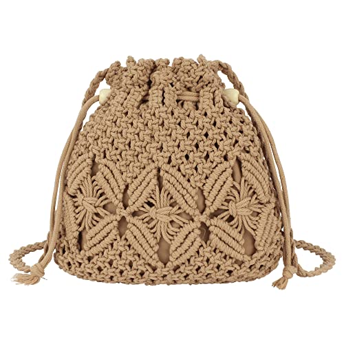 Meyaus Women Small Cotton Crochet Crossbody Bag Summer Beach Drawstring Shoulder Bag Purse