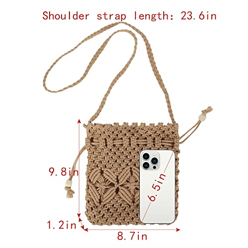 Meyaus Women Small Cotton Crochet Crossbody Bag Summer Beach Drawstring Shoulder Bag Purse