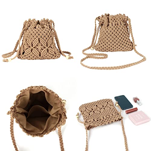 Meyaus Women Small Cotton Crochet Crossbody Bag Summer Beach Drawstring Shoulder Bag Purse