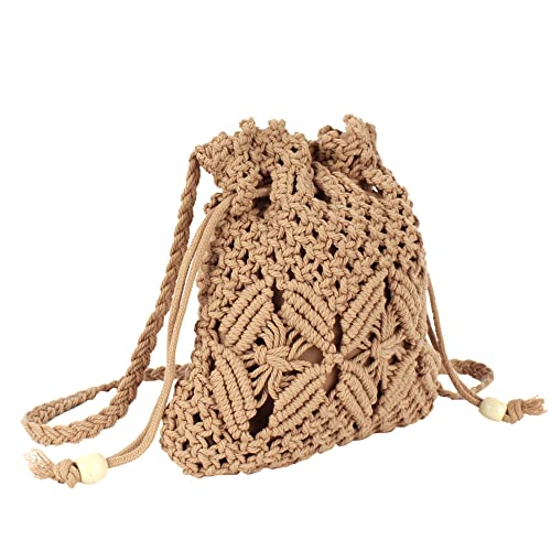 Meyaus Women Small Cotton Crochet Crossbody Bag Summer Beach Drawstring Shoulder Bag Purse