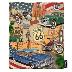 zaueky vintage route 66 blanket car motorcycle diner eat motel trip adventure flannel blanket warm cozy throw blanket for all season super soft and lightweight blanket (30″x 40″)