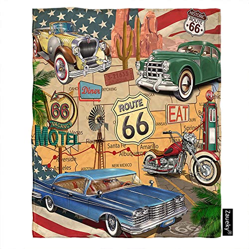 Zaueky Vintage Route 66 Blanket Car Motorcycle Diner Eat Motel Trip Adventure Flannel Blanket Warm Cozy Throw Blanket for All Season Super Soft and Lightweight Blanket (30"X 40")