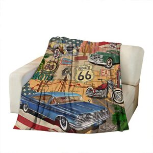 Zaueky Vintage Route 66 Blanket Car Motorcycle Diner Eat Motel Trip Adventure Flannel Blanket Warm Cozy Throw Blanket for All Season Super Soft and Lightweight Blanket (30"X 40")