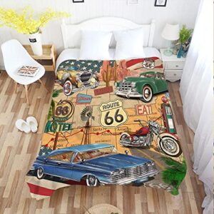 Zaueky Vintage Route 66 Blanket Car Motorcycle Diner Eat Motel Trip Adventure Flannel Blanket Warm Cozy Throw Blanket for All Season Super Soft and Lightweight Blanket (30"X 40")