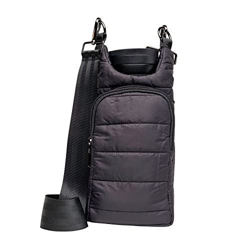 WanderFull Crossbody HydroBag - Water Bottle Holder - Quilted Bottle Bag - Water Bottle Carrier with Strap - Unisex Puffer Tote for Water Bottle (Matte Black with Black Strap)