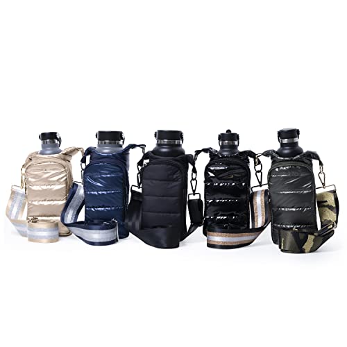 WanderFull Crossbody HydroBag - Water Bottle Holder - Quilted Bottle Bag - Water Bottle Carrier with Strap - Unisex Puffer Tote for Water Bottle (Matte Black with Black Strap)