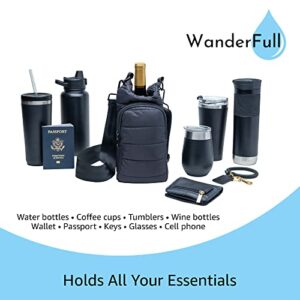 WanderFull Crossbody HydroBag - Water Bottle Holder - Quilted Bottle Bag - Water Bottle Carrier with Strap - Unisex Puffer Tote for Water Bottle (Matte Black with Black Strap)