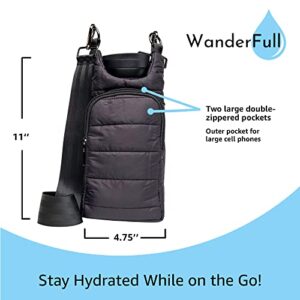 WanderFull Crossbody HydroBag - Water Bottle Holder - Quilted Bottle Bag - Water Bottle Carrier with Strap - Unisex Puffer Tote for Water Bottle (Matte Black with Black Strap)