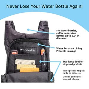 WanderFull Crossbody HydroBag - Water Bottle Holder - Quilted Bottle Bag - Water Bottle Carrier with Strap - Unisex Puffer Tote for Water Bottle (Matte Black with Black Strap)