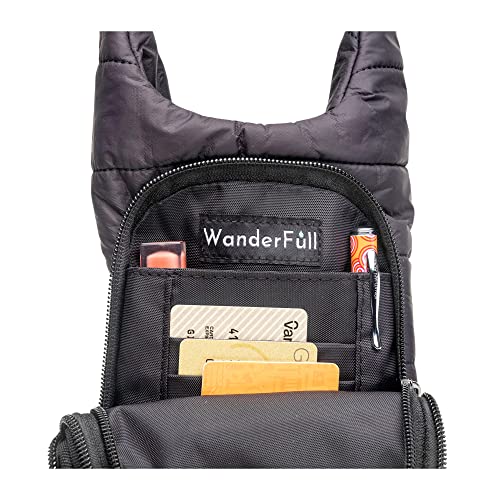 WanderFull Crossbody HydroBag - Water Bottle Holder - Quilted Bottle Bag - Water Bottle Carrier with Strap - Unisex Puffer Tote for Water Bottle (Matte Black with Black Strap)