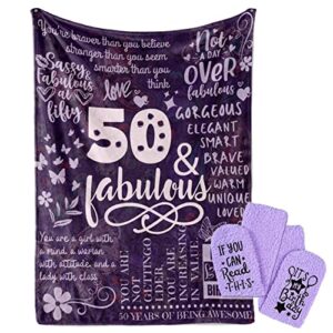 innobeta 50th birthday gifts for women flannel blanket and sock, birthday gift basket for women, female, friends, ideal for mom, best friends, grandma, gigi (50″x 65″) – 50 & fabulous