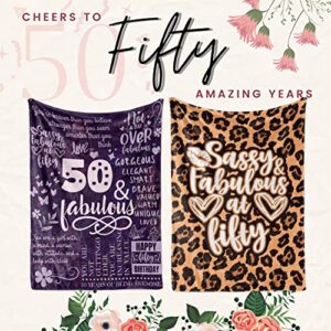 InnoBeta 50th Birthday Gifts for Women Flannel Blanket and Sock, Birthday Gift Basket for Women, Female, Friends, Ideal for Mom, Best Friends, Grandma, Gigi (50"x 65") - 50 & Fabulous