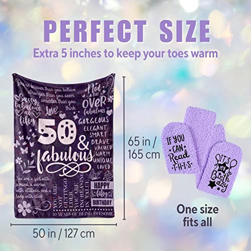 InnoBeta 50th Birthday Gifts for Women Flannel Blanket and Sock, Birthday Gift Basket for Women, Female, Friends, Ideal for Mom, Best Friends, Grandma, Gigi (50"x 65") - 50 & Fabulous