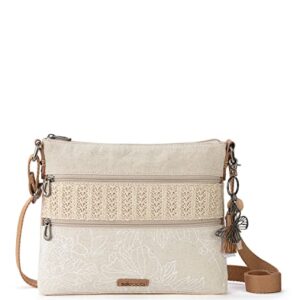 Sakroots Basic Crossbody Bag in Coated Canvas, Multifunctional Purse with Adjustable Strap & Zipper Pockets, White Flower Blossom