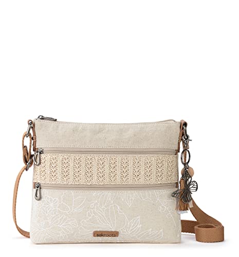 Sakroots Basic Crossbody Bag in Coated Canvas, Multifunctional Purse with Adjustable Strap & Zipper Pockets, White Flower Blossom