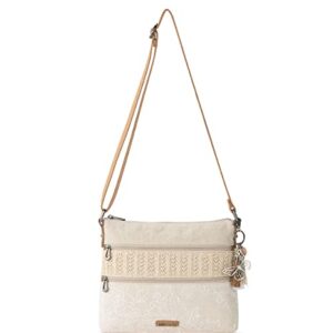 Sakroots Basic Crossbody Bag in Coated Canvas, Multifunctional Purse with Adjustable Strap & Zipper Pockets, White Flower Blossom