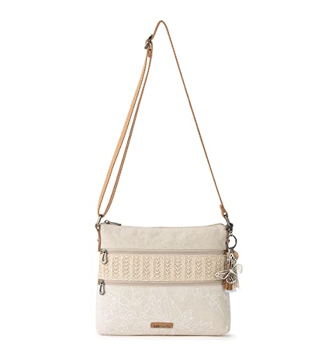 Sakroots Basic Crossbody Bag in Coated Canvas, Multifunctional Purse with Adjustable Strap & Zipper Pockets, White Flower Blossom